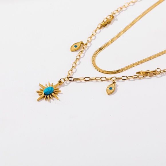 Jewelry | Turquoise Sun Pendant Evil Eyes Layered Gold Necklace | Poshmark